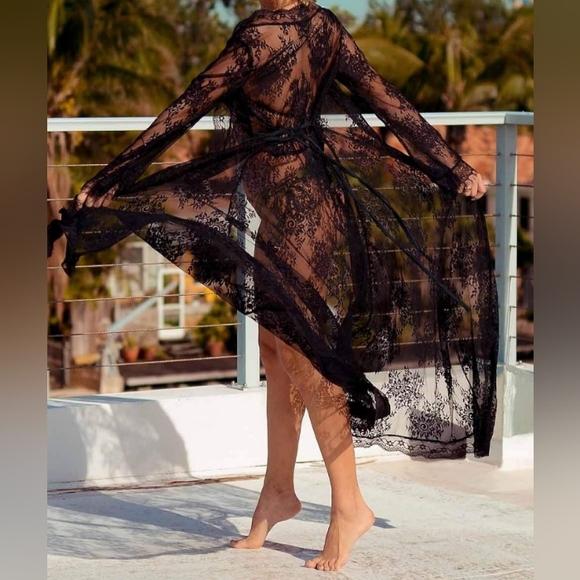 Boutique Intimates And Sleepwear Sexy Black Floral Lace Sheer Robe Kimono Full Length Gown